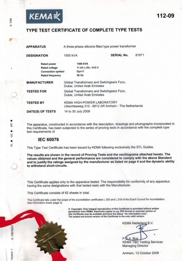 Certifications – Global Transformers & Switchgear FZE